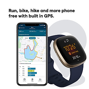 Fitbit Versa 3 Health & Fitness Smartwatch with GPS, 24/7 Heart Rate, Alexa Built-in, 6+ Days Battery, Midnight Blue/Gold, One Size (S & L Bands Included) (Renewed)