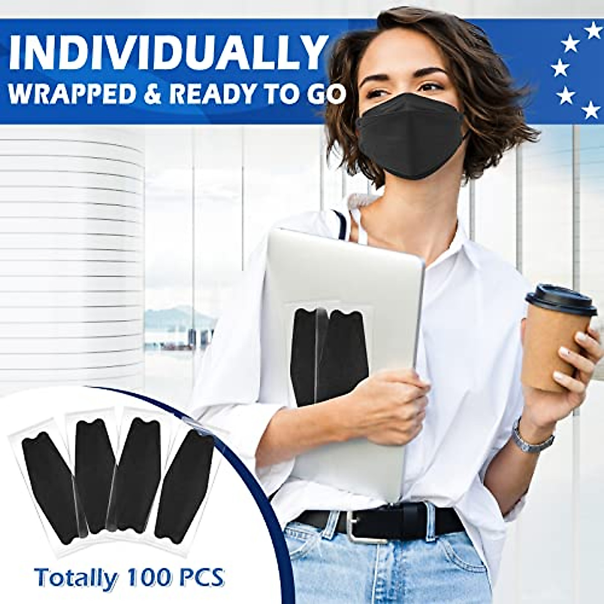 XDX 100 Pack Black Disposable Face Masks, 4 Layers Black Masks Individually Wrapped for Women and Men, Breathable and Comfortable Adult Masks – for Office, Outdoor, Daily Use