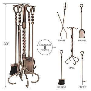 Uniflame, F-1311, 5-Piece Antique Copper Fireplace Tools Set with Ring Swirl Handles