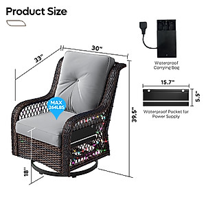 Bestier Outdoor Patio Swivel Rocking Chair, Wicker Swivel Glider Chair with 49.2 Ft LED Strip, Porch Furniture Chair with 4" Anti-Slip Grey Cushion for Garden, Deck(Dark Brown)