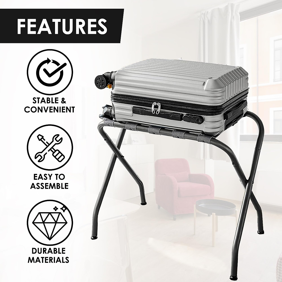 Luggage Rack l Hotel-Quality Durable Steel Folding Suitcase Stand for Guests and Travelers l Keeps Luggage Organized and Off the Floor l Set of 2 l GRAY