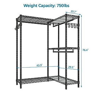 VIPEK L4 Garment Rack L Shaped Clothes Rack for Corner, Freestanding Portable Wardrobe Closet Heavy Duty Clothing Rack with 3 Hanging Rods & 2 Side Hooks, 43.3"Lx29.1"Wx76.4"H, Max Load 750LBS, Black