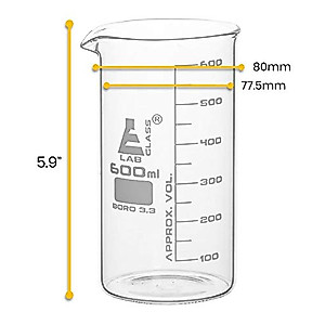 EISCO 6PK Beakers, 600ml - Tall Form with Spout - White, 50ml Graduations - Borosilicate 3.3 Glass