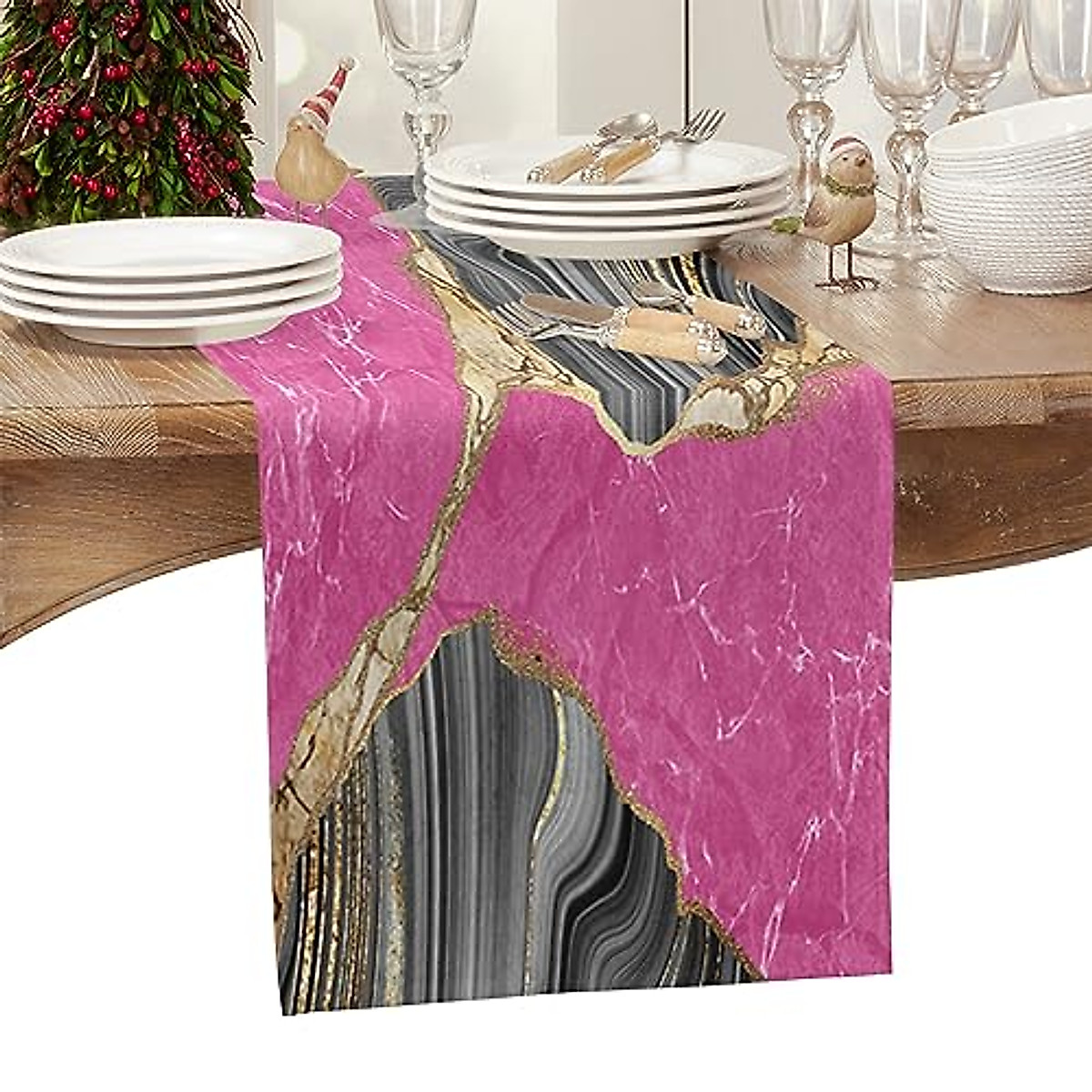 Pink Grey Marble Table Runner 36 Inches Long Farmhouse Dress Scarves, Modern Abstract Art Yellow Lines Dining Tablerunner for Coffee Table/Kitchen Island/Party Décor, Small 13" x 36"