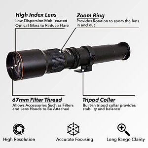 Hi-Resolution 500mm/1000mm Manual Preset Telephoto Reflex Lens for Canon EOS Rebel T3i, T4i, T5, T5i, T6, T7, T6i, T6s, T7i, SL1, SL2, EOS 60D, 70D, 77D, 80D, 5D III, 5D IV, EOS 7D, 7D II, 90D Cameras