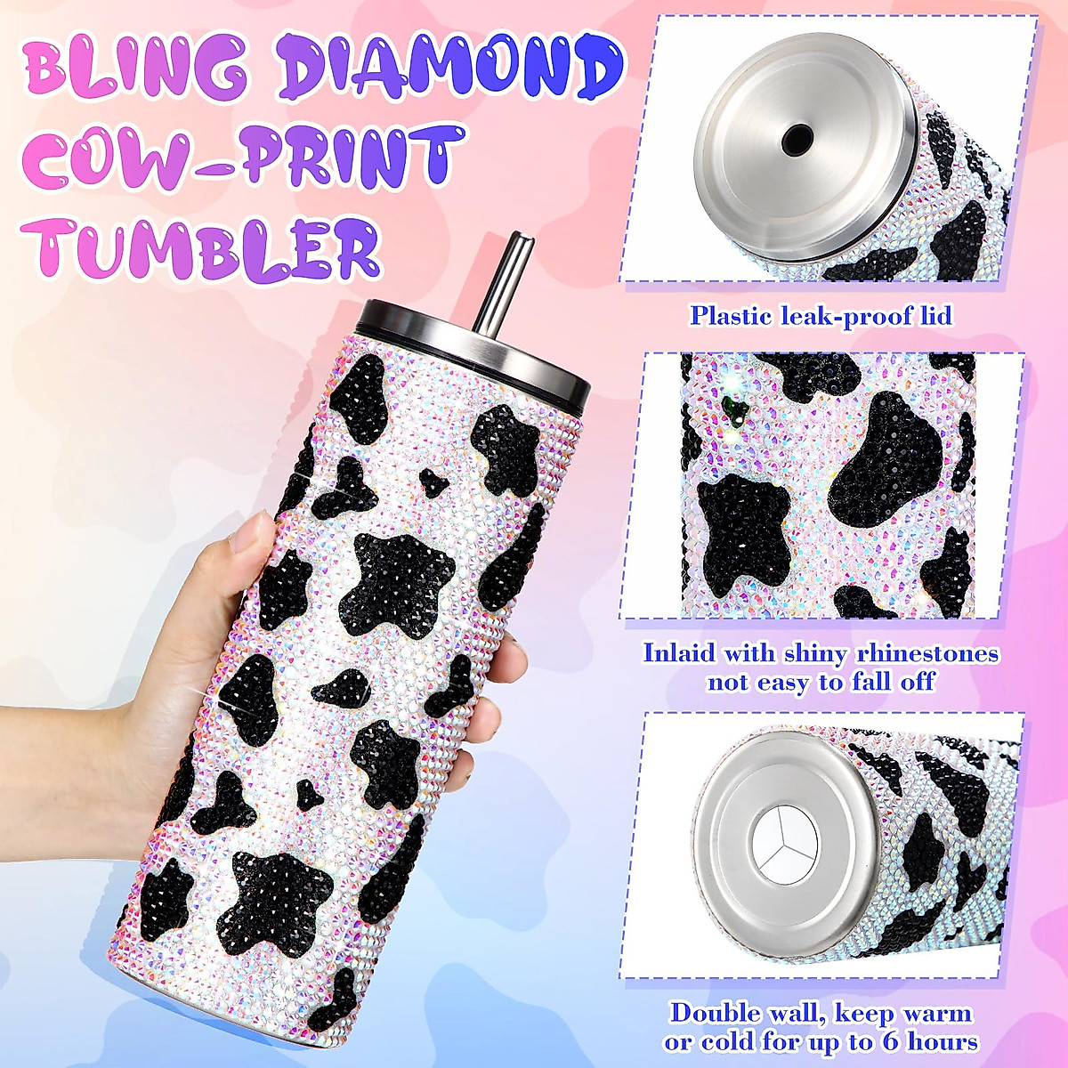 Gejoy 20 oz Bling Diamond Cow Print Stuff Tumbler for Women Rhinestone Stainless Steel Vacuum Insulated Cow Pattern Tumbler for Graduation Birthday Mother's Day Nurse's Day Teacher Appreciation Gifts
