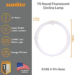Sunlite 41315 FC12T9/CW T9 Round Fluorescent Circline Lamp, 32 Watts, 2100 Lumens, 4100K Cool White, RoHS Compliant, G10Q 4-Pin Base, 1 Pack