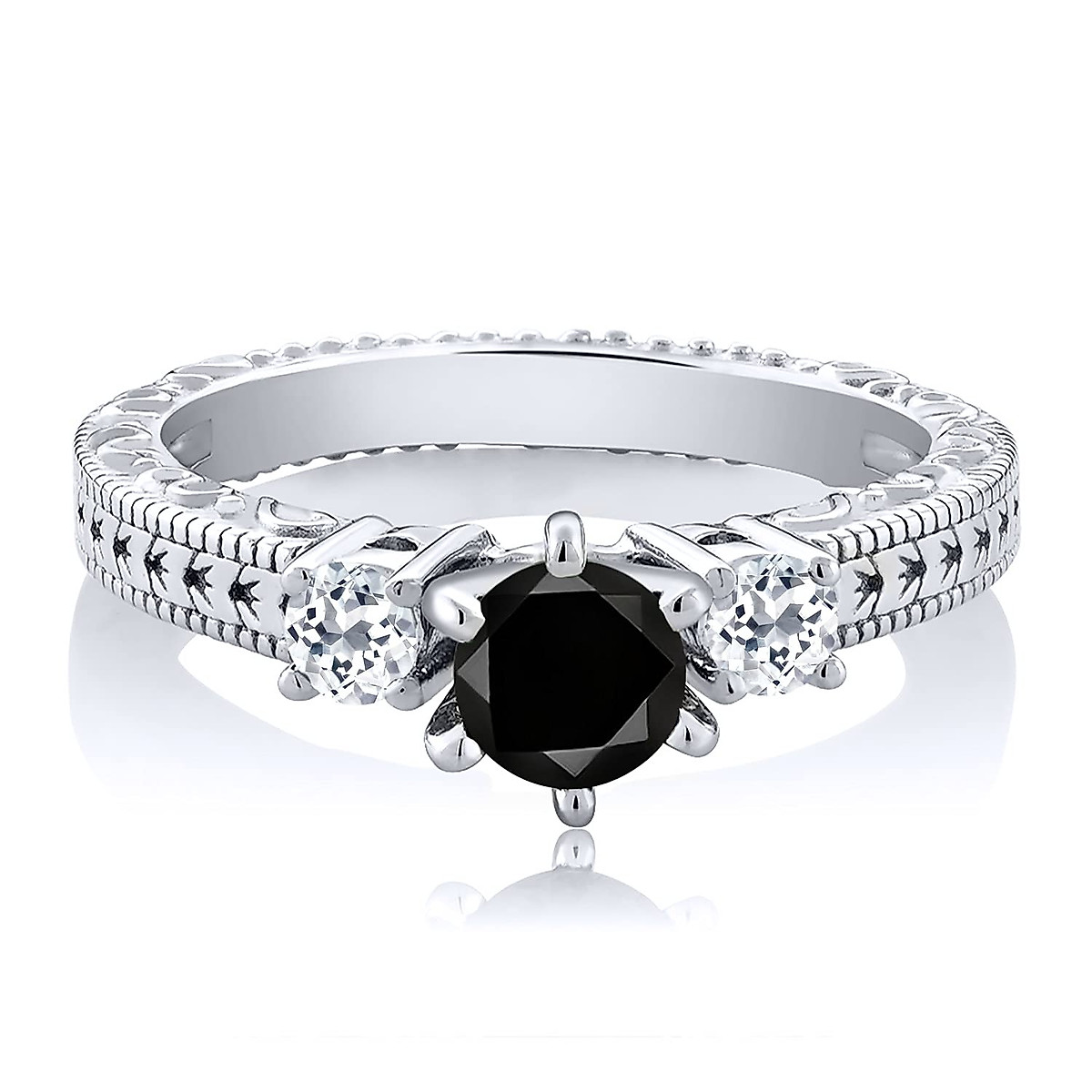 Gem Stone King 0.83 Ct Round Black Diamond White Topaz 925 Sterling Silver Ring (Size 7)