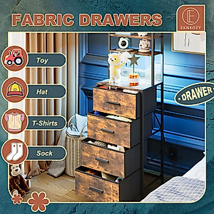 Nightstand 4 Drawer Dresser with LED Lights, Charging Station, Vertical Side Table with Fabric Drawers, End Table with 3 Open Shelves, Tall Dresser for Bedroom, Hallway, Entryway, Rustic Brown
