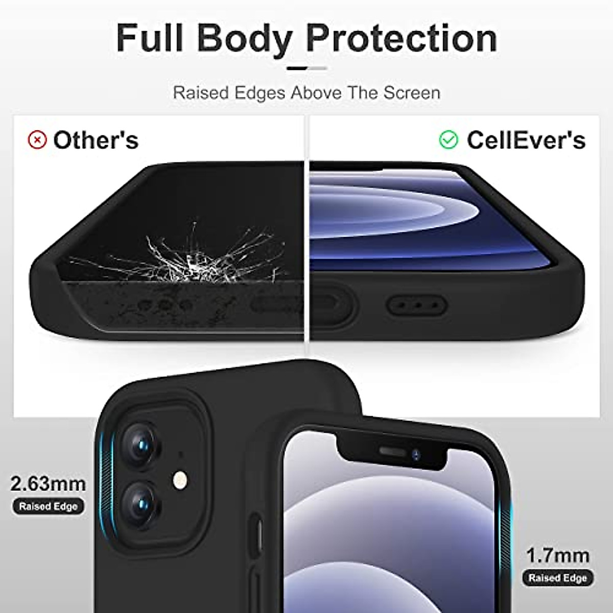 CellEver Silicone Case for iPhone 12, 12 Pro Slim Fit [2 Tempered 9H Glass Screen Protectors Included] Shockproof Phone Cover with [Soft Microfiber Lining] - Black