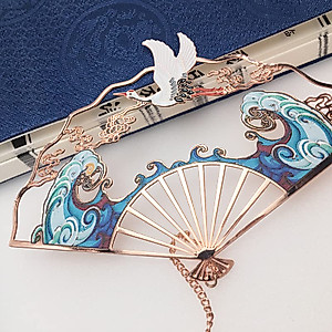 Bookmark Retro Folding Fan Bookmarks Metal White Crane Flying Over The Waves Tassel Bookmark Stationery Book Clip Book Marks Accessories