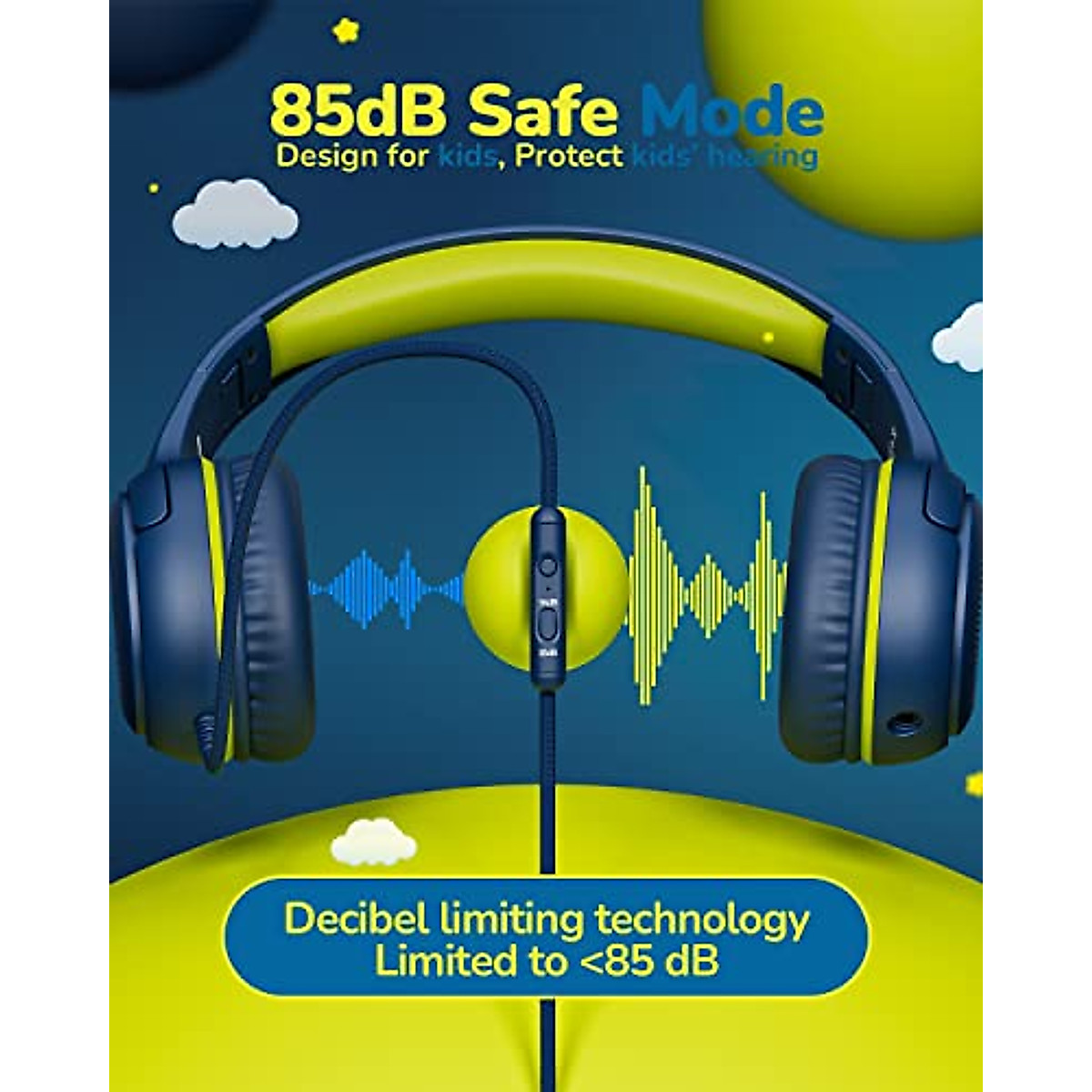 Kids Headphones for School Toddler Wired with Microphone Plug in Bulk Boys Headset Girls 3+ Year Old Blue Green shareport Phones Teen Volume Control Airplane Two People Childrens Babies Over Ear