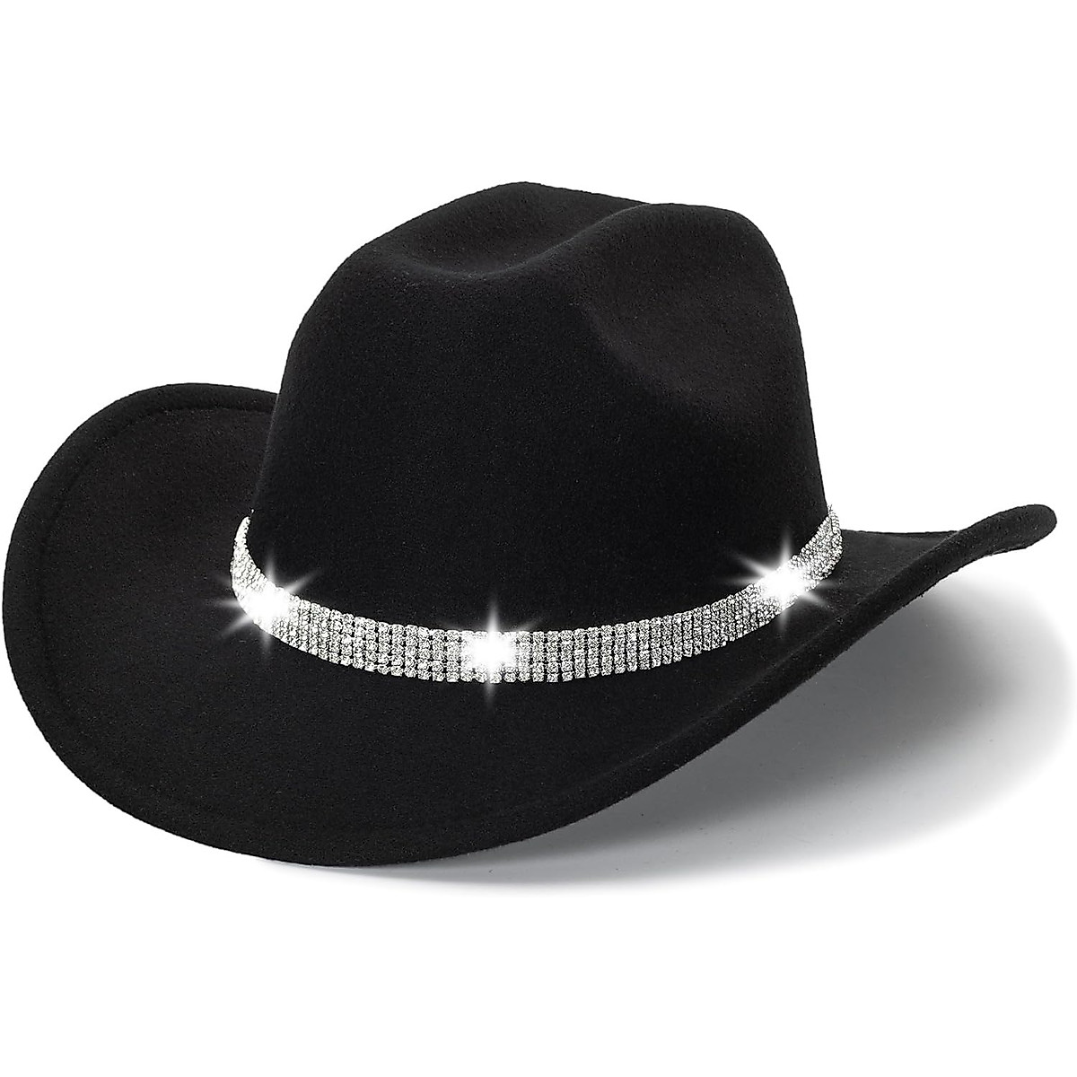 Five Rows Rhinestones-Cowboy-Cowgirl-Hat - Roll Wide Brim Western-Hat for Wedding Music Costume Party (Fit for M-L) Black