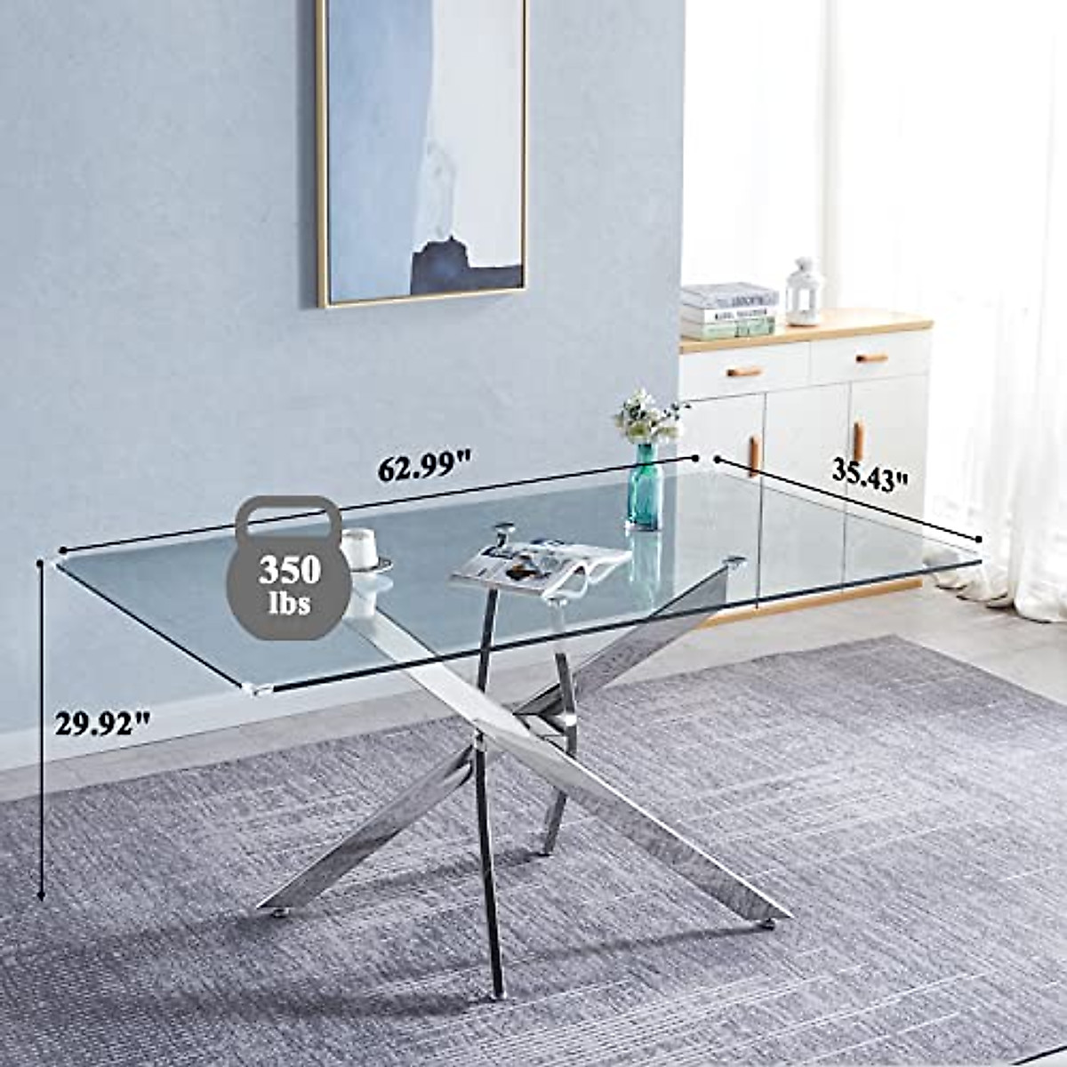 63" Glass Dining Table for 6, Rectangular Glass Dining Room Table with 0.39" Tempered Glasstop & Silver Stainless Steel Pedestal Base, Modern Dining Table for Kitchen Dining Living Room