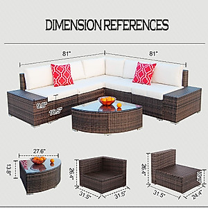 Polar Aurora 6pcs Patio Furniture Set PE Brown Rattan Wicker Sectional Outdoor Sofa Set Outside Couch w/Washable Seat Cushions & Modern Glass Wedge Table for Patio, Backyard, Pool-Beige