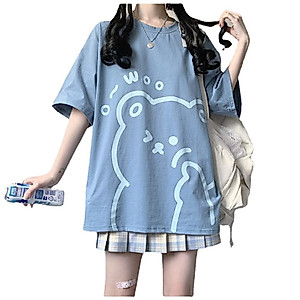 Tyadorw Women's Aesthetic Kawaii Bear Graphic Tee - Japanese Streetwear Harajuku Oversized T-Shirt (Blue, Medium)