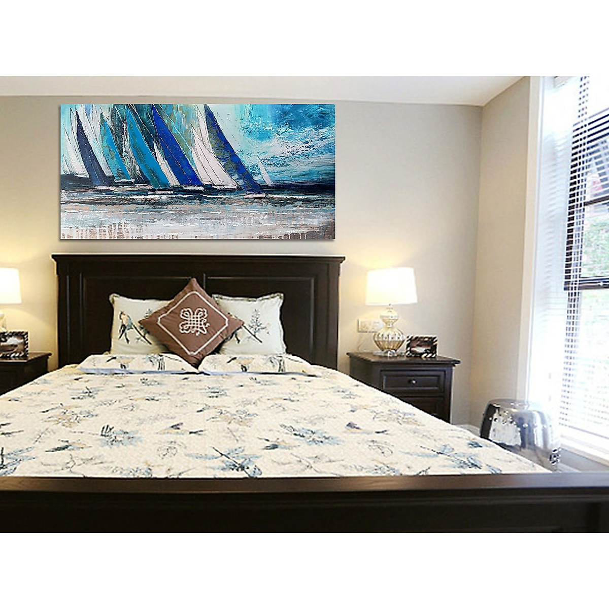 Arjun Blue Abstract Wall Art Canvas Teal Ocean Sailboat Picture Modern Turquoise Coastal Nautical Painting Large 48"x24" Framed Textured Artwork for Living Room Bedroom Bathroom Home Office Wall Decor