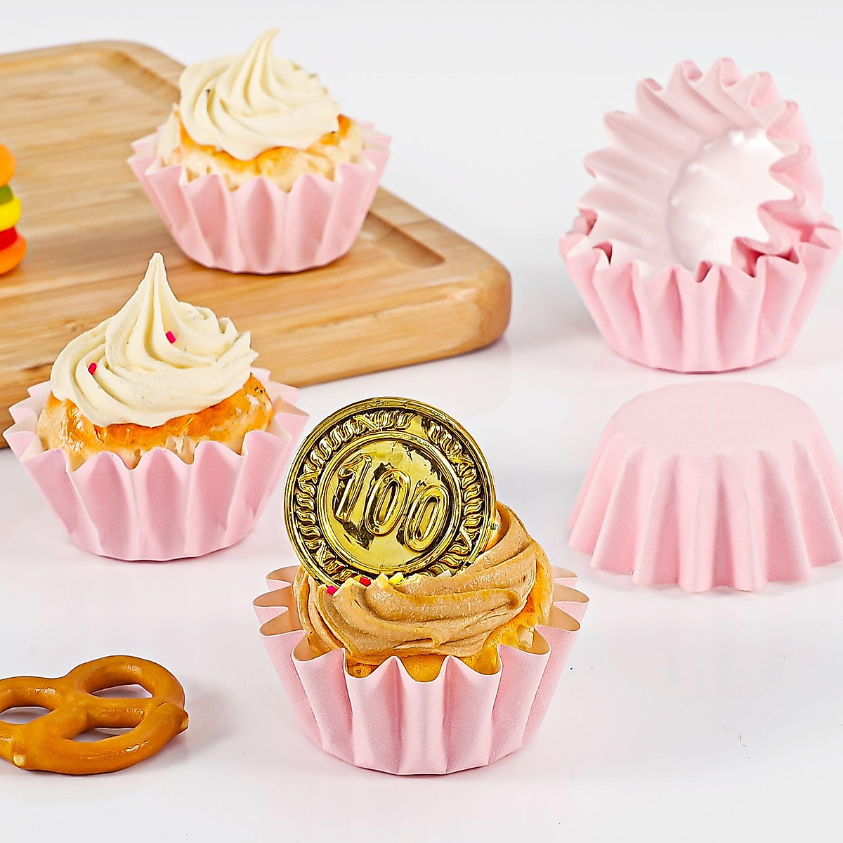 Caperci Grease-Resistant Pink Mini Cupcake Liners 200 Counts - Heavy Duty Paper Muffin Baking Cups, Odorless, No Muffin Pan Needed, Easily Peels (Pink)