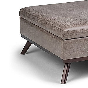 SIMPLIHOME Owen 36 Inch Wide Mid Century Modern Square Coffee Table Lift Top Storage Ottoman in Upholstered Distressed Grey Taupe Faux Leather, For the Living Room
