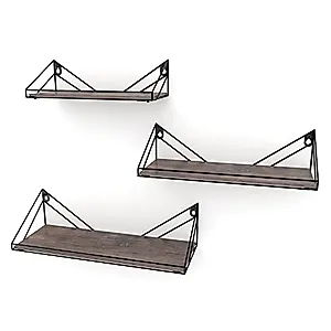 EYMPEU Floating Shelves Set of 3, Rustic Wall Shelf with Bar Triangle Bracket for Wall Mounted Hanging, Bathroom, Kitchen, Bedroom, Living Room, Plant