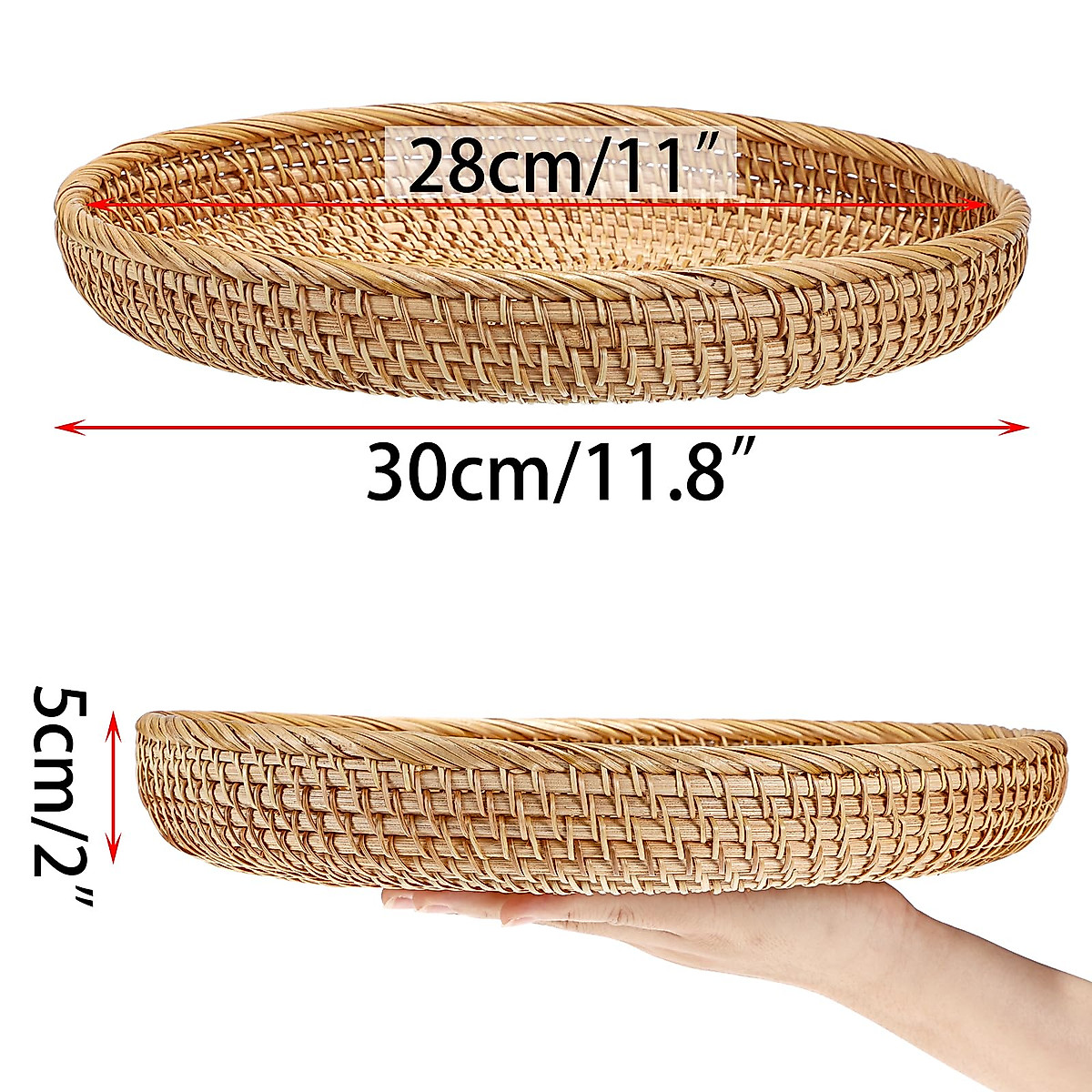 Hipiwe Round Key Basket Bowl for Entryway Table, 11.8" Large Rattan Basket Tray Decorative Ottoman Trays Centerpiece Tray for Coffee Table, Hand-Woven Fruit Basket Wicker Serving Tray