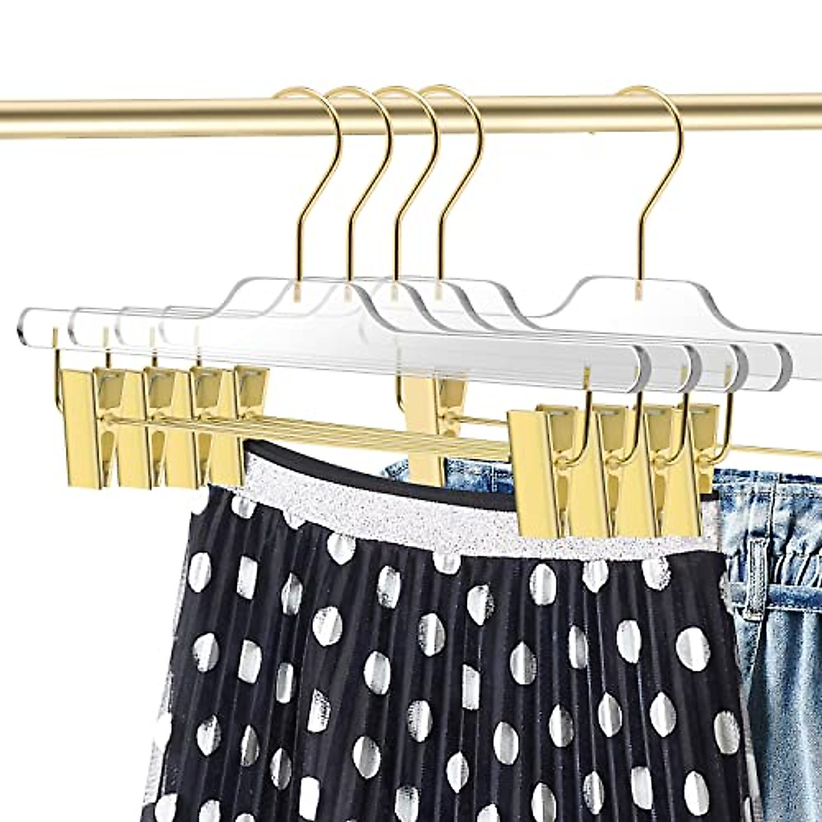 Quality Lucite Acrylic Clear Skirt Pants Trousers Bottom Hangers with Adjustable Metal Clips, Made of Clear Acrylic for a Luxurious Look and Feel with Swivel Hook (Clear/Gold Hook - Pant/Skirt, 5)