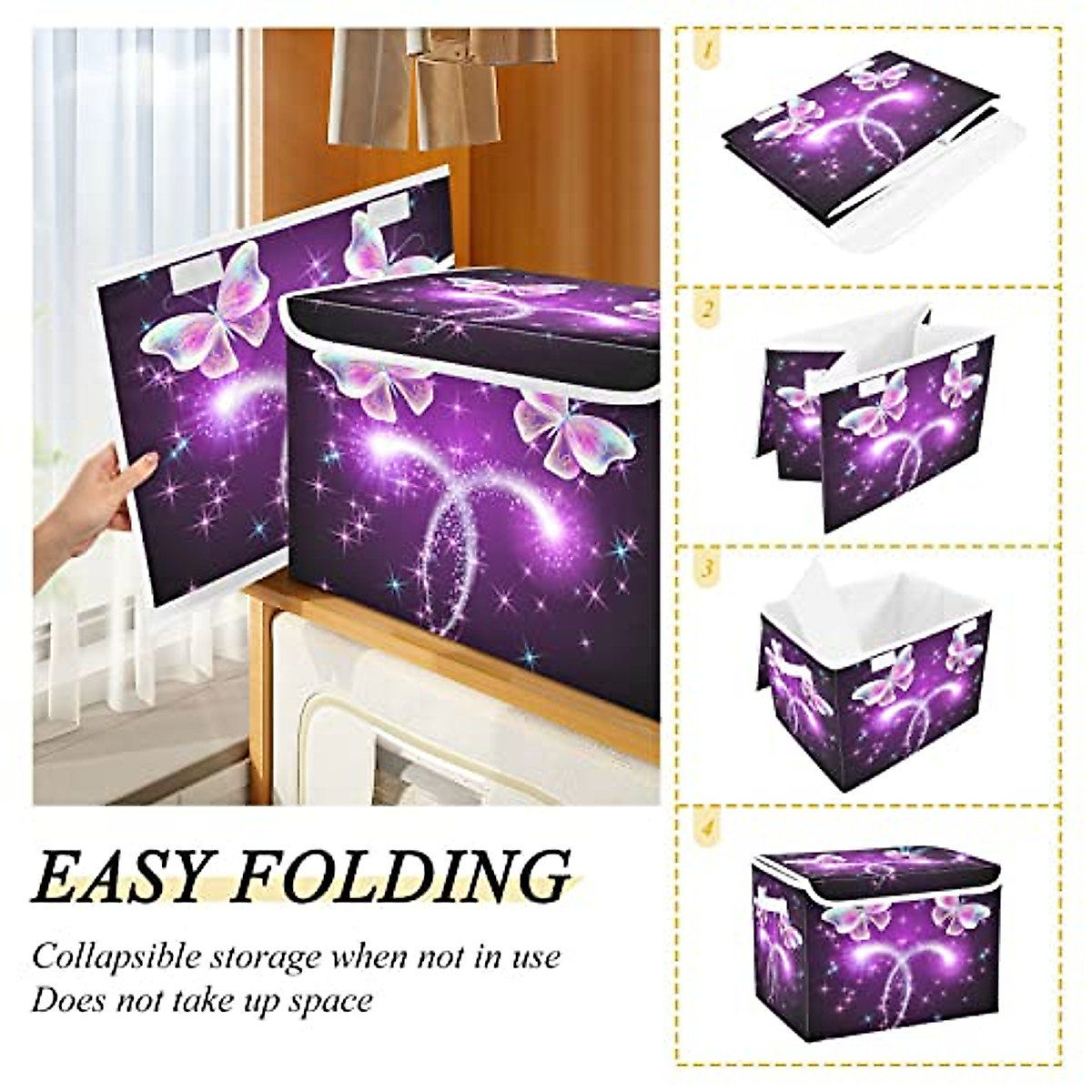 RunningBear Butterflies Firework Star Large Storage Bins with Lid Collapsible Storage Bin Nursery Baskets Foldable Fabric Cube for Closet Shelf Car
