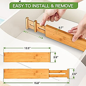 Pipishell Bamboo Drawer Dividers Organizers Adjustable Expandable Wooden Separators Organization for Kitchen Bedroom Bathroom Dresser 4 Pack (12.5-15.8 inch)