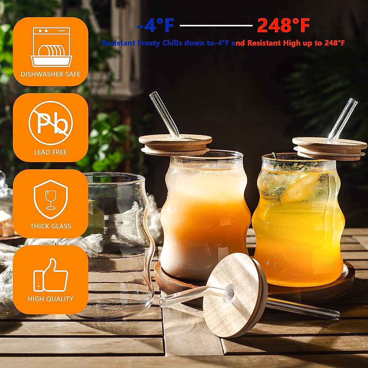 4 Pcs Ribbed Glass Cups With Straws With Lids Set, Water Glasses Set, 18Oz Vintage Drinking Glassware With Wave Shape Design, Bubble Cups for Iced Coffee, Beverage, Milk, Cocktails (18 OZ -A)