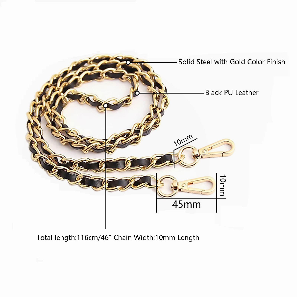 BlitzBite 46" Synthetic Leather Metal Chain-Purse Chain Strap Leather Iron Flat Chain-Cross Body Replacement Shoulder Strap-Black Leather Silver Hardware-for Shoulder,Clutches,Wallets,Camera Bag