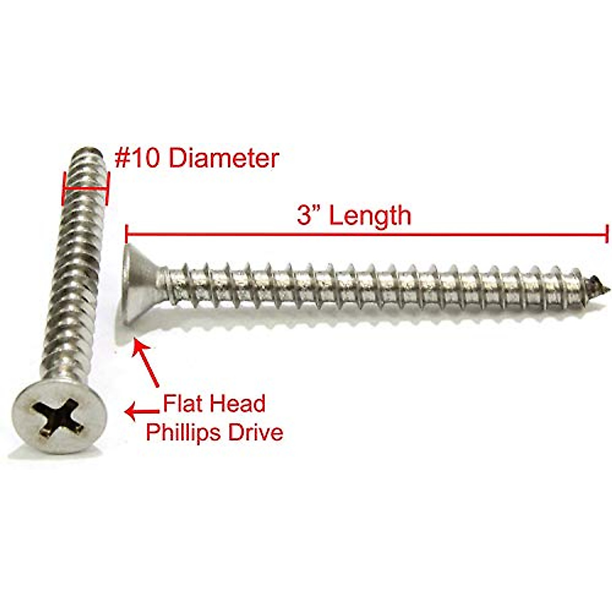 #10 x 3", (25 pcs), Stainless Flat Head Phillips Wood Screw, 18-8 (304) Stainless Steel Screws by Persberg P100-89
