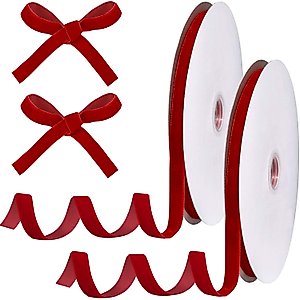 Chunyin 2 Rolls Christmas Velvet Ribbon Single Face Ribbon Wide Solid Color Satin Velvet Ribbon for Christmas Wedding Wrapping Crafts Decoration Favors (0.39 Inch, Red)
