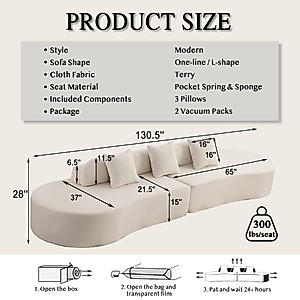 LuxyHoom 130.5'' Sectional Sofa Couch, Modern Cloud Sofa with 3 Pillows, Comfy 4 Seat Modular Sofa, Minimalist Curved Terrycloth Sofa for Living Room, Apartment, Hotel, No Assembly Required, Beige