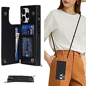 DEFBSC Compatible with iPhone 13 Pro Case, Crossbody Wallet Case, Adjustable Detachable Lanyard Neck Strap with Kickstand Leather Card Holder Protective Cover-Black