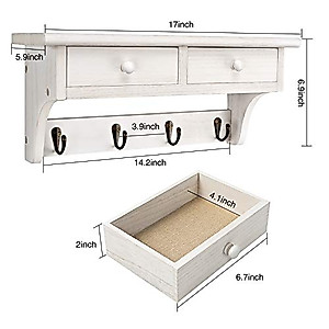 Emfogo Coat Hooks Wall Mounted, Rustic Wood Coat Rack Wall Mount Shelf with Hooks, Farmhouse Wall Coat Rack with Shelf & Vintage Coat Hook for Entryway, Mudroom, Bedroom, Kitchen, Bathroom (White)