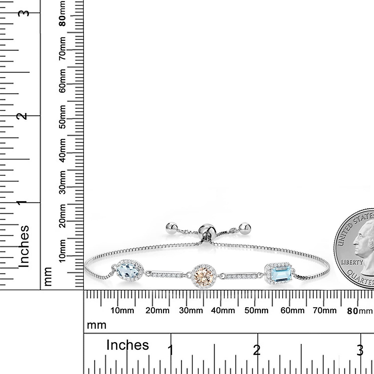 Gem Stone King 925 Sterling Silver Sky Blue Aquamarine Peach Morganite and Created Moissanite Tennis Bracelet For Women By Keren Hanan (1.73 Cttw, Fully Adjustable Up to 9 Inch)