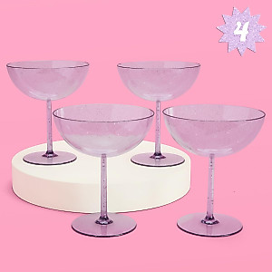 xo, Fetti Lavender Plastic Glitter Coupe Cups - Set of 4 | Bachelorette Party Decorations, Purple Cute Birthday Party Supplies, Reusable Bridal Shower Drinkware