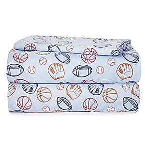 Heritage Kids 4 Piece Sheet Set, Including Top Sheet, Fitted Sheet and 2 Pillow Cases, Sports Print, Full, Blue, (K687912)