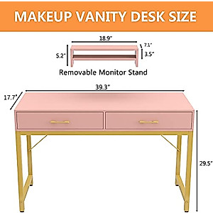 WESTREE Women Makeup Vanity Desk with 2 Drawers - Bedroom Home Office Desk, Wooden Height Monitor Stand & Storage Shelf Without Mirror, Pink Table Great Gift for Her