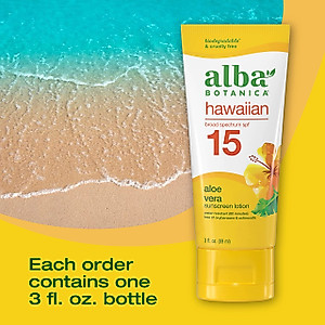 Alba Botanica Sunscreen for Face and Body, Hawaiian Aloe Vera Sunscreen Lotion, Broad Spectrum SPF 15 Sunscreen, Water Resistant and Biodegradable, 3 fl. oz. Bottle