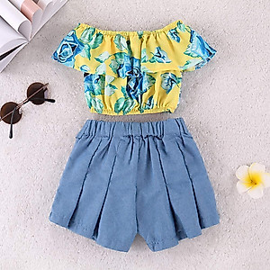 Kids Baby Girls Outfits Floral Ruffle Off Shoulder Crop Tops + Bowknot Denim Shorts Skirt Set Toddler Summer Clothes (5-6 Years, Blue)