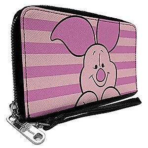 PU Zip Around Wallet Rectangle Winnie the Pooh Piglet Expression Close Up Stripe Pinks