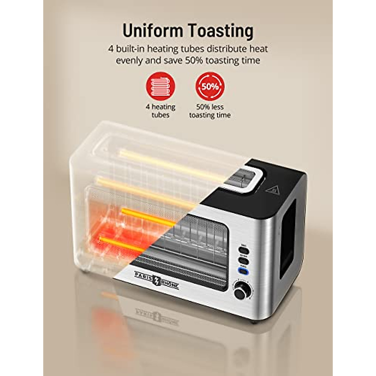 Toaster, Paris Rhône Toaster 2 Slice Extra Wide Long Slot Retro Toaster with Easy View Window, 6 Browning Levels, Easy to Clean, Auto Shutoff, Stainless Steel Silver Toaster for Bagels, Waffles (Silver)