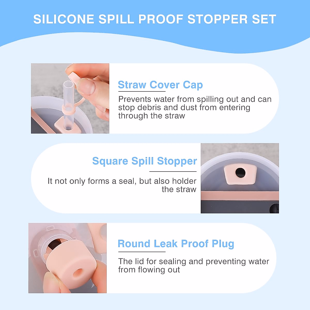BGAANM Silicone Spill Proof Stopper Set Compatible with Stanley Quencher H2.0 FlowState Tumbler 40oz/ 30oz, Accessories Include 2 Straw Cover Cap, 2 Square Spill Stopper, 2 Round Leak Stopper (Gray)