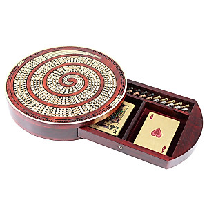 House of Cribbage - Cribbage Board Spiral Design Round Shape 4 Tracks Bloodwood/Maple with Place for Skunks, Corners & Won Games