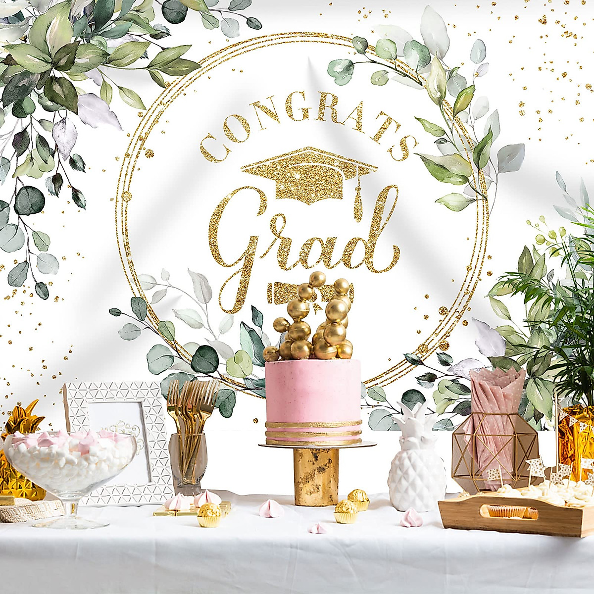 Rsuuinu Greenery Congrats Grad Backdrop Graduation Class of 2024 Green Leaves Graduate Party Photography Background Graduation Party Decorations Supplies Cake Table Banner Photo Booth Props 7x5ft