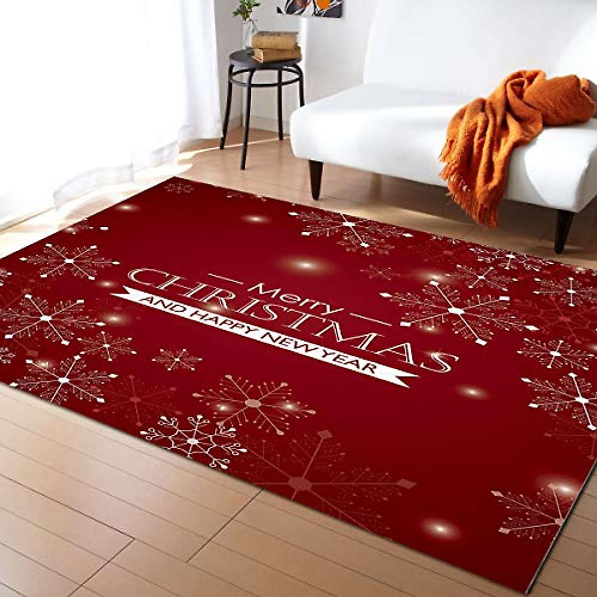 Area Rug Absorbent Non-Slip Rectangle Rug Merry Christmas Romantic Snowflake Red Rugs for Living Room Bedroom Kitchen Entryway, Soft Floor Mat Indoor Carpet Accent Rugs 2x3 Feet