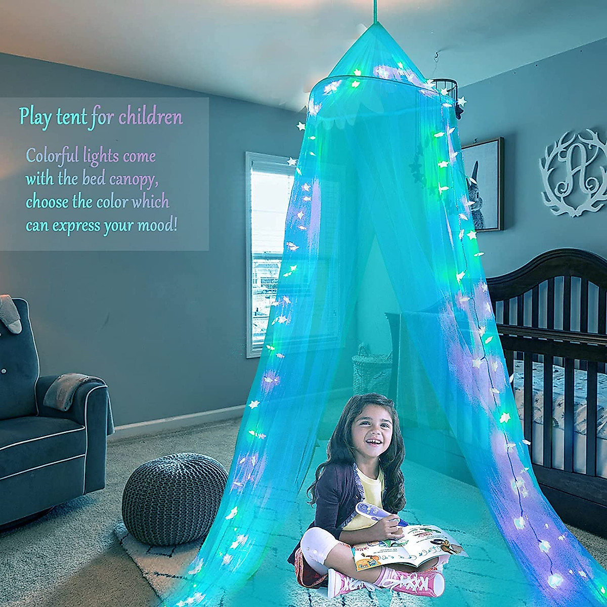 Obrecis Bed Canopy with LED Star Lights, Princess Canopy Bed Curtain with 18 Colors Changing String Lights Remote Timer for Girls Bedroom, Pink Red Blue White Dome Canopy for Twin to King Size Bed