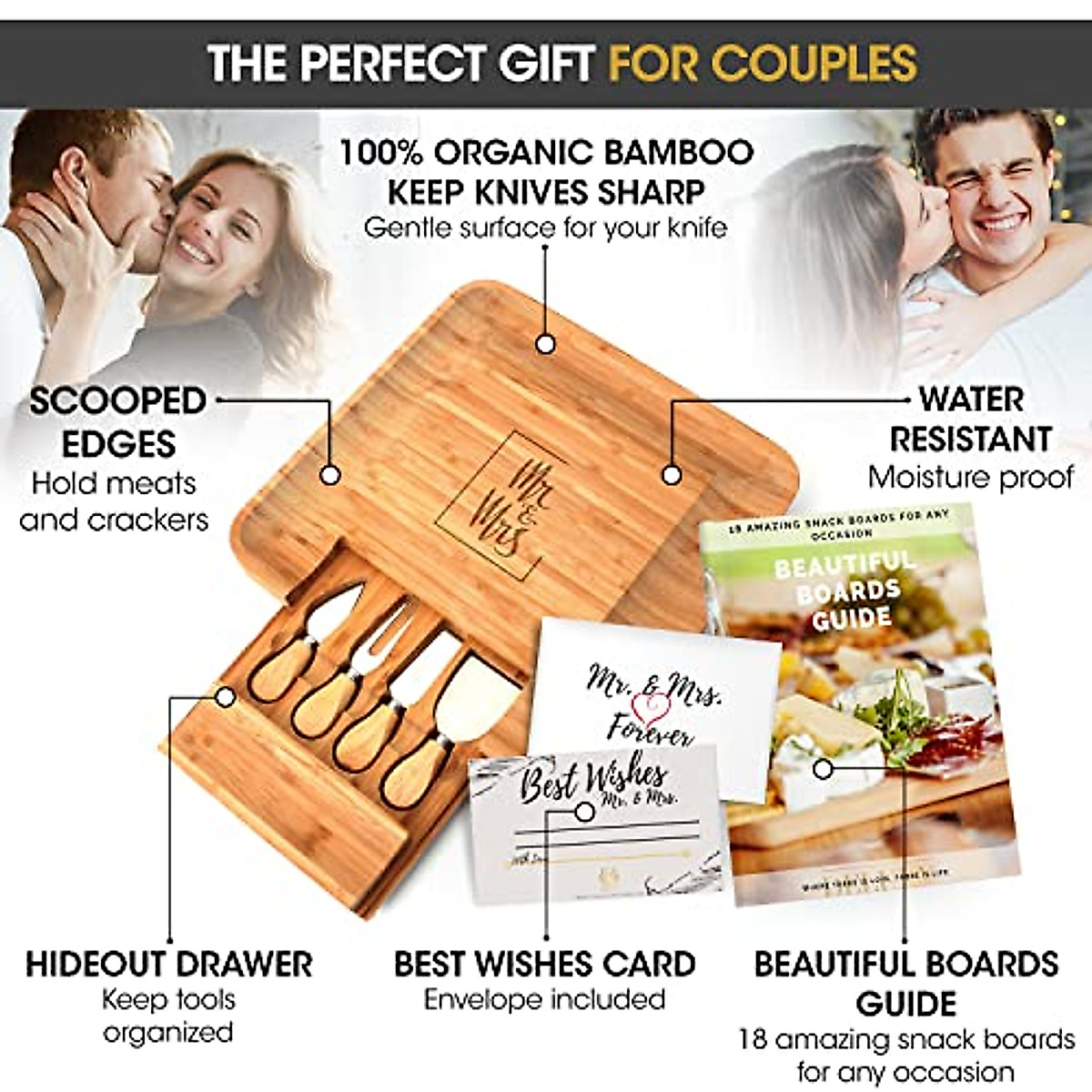 DELUXY Mr and Mrs Cheese Board - Perfect Christmas Gifts For Couples, Wedding Gifts For Couples Unique 2022, Bridal Shower Gifts For Bride, Anniversary, His and Hers, Couples Gifts For Husband & Wife