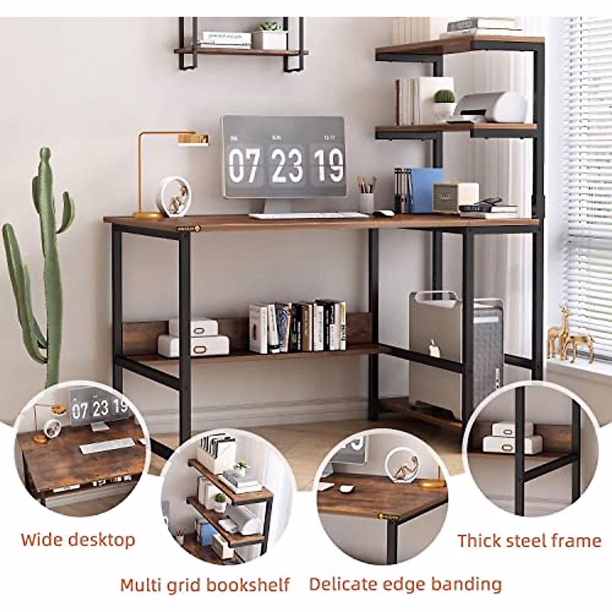 ALISENED Computer Desk with 4-Tier Storage Shelves, 43.3 inch Modern Large Office Desk Computer Table Studying Writing Desk Workstation with Bookshelf and Tower Shelf for Home Office